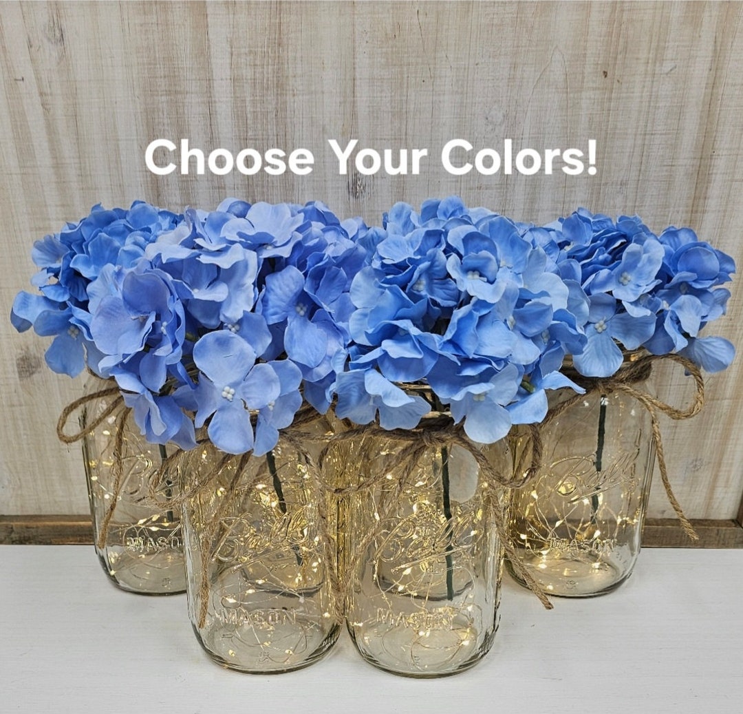Light Blue Hydrangea Lighted Mason Jar Event Centerpiece, Wedding Decor ...