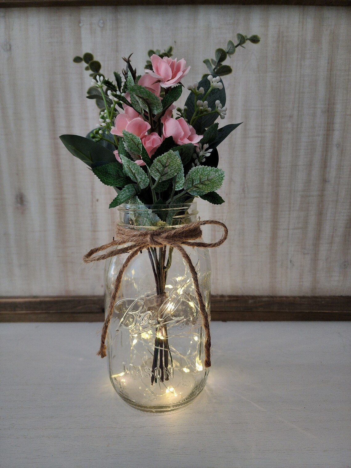 Pink Mini Rose Lighted Mason Jar Centerpiece Wedding - Etsy