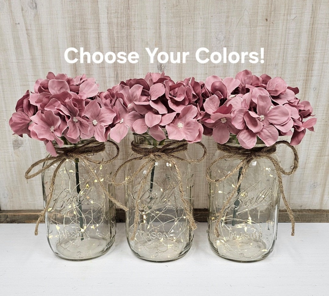 Dusty Rose Hydrangea Lighted Mason Jar Centerpieces, Wedding Decor ...
