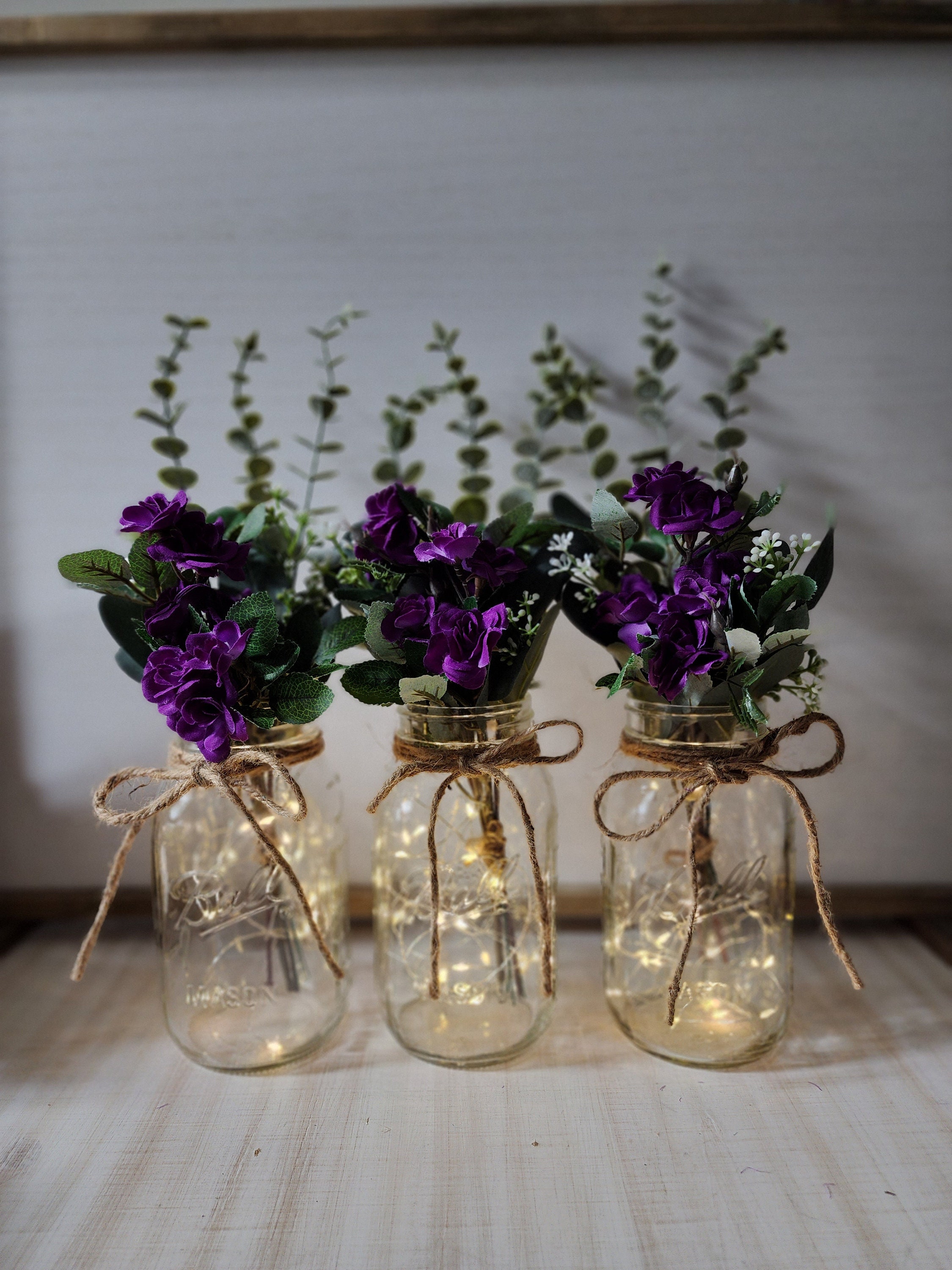 Violet Mini Rose Lighted Mason Jar Centerpiece, Wedding Centerpiece ...