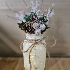 Snowy Winter Wonderland Mason Jar With Fairy Lights, Christmas Table ...