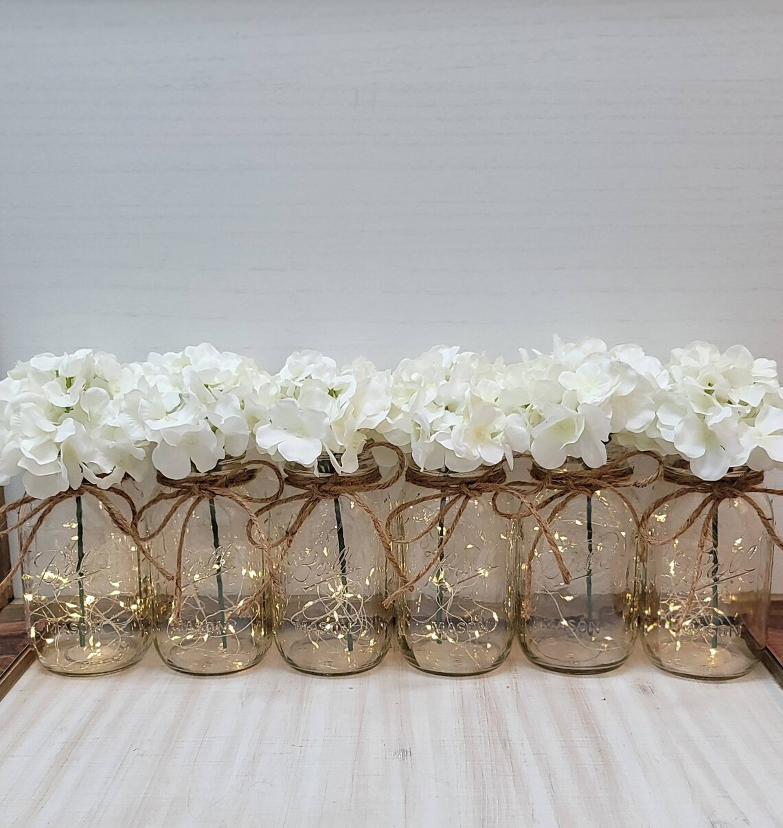 Set of 6 Premium White Hydrangea Lighted Mason Jar Event Centerpieces ...