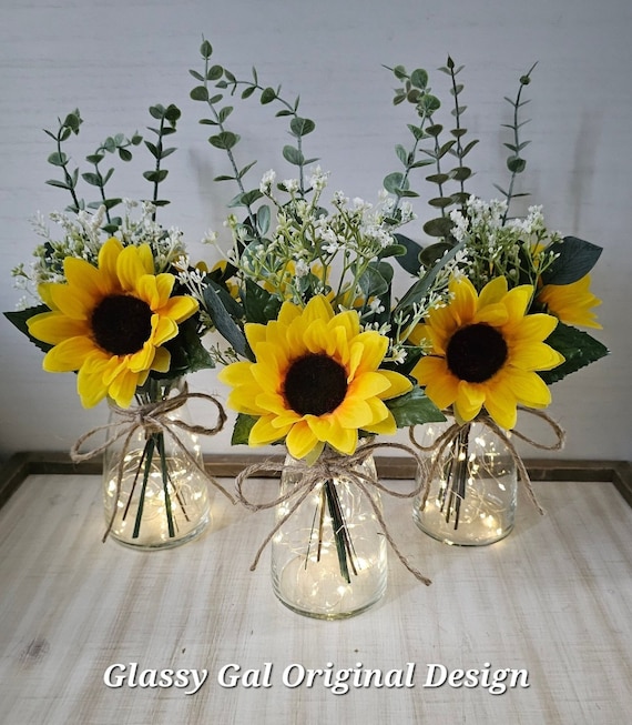Sunflower and Babies Breath Lighted Bud Vase Wedding Centerpiece Event Centerpiece Wedding Decor Farmhouse Wedding Shower Decorations Etsy