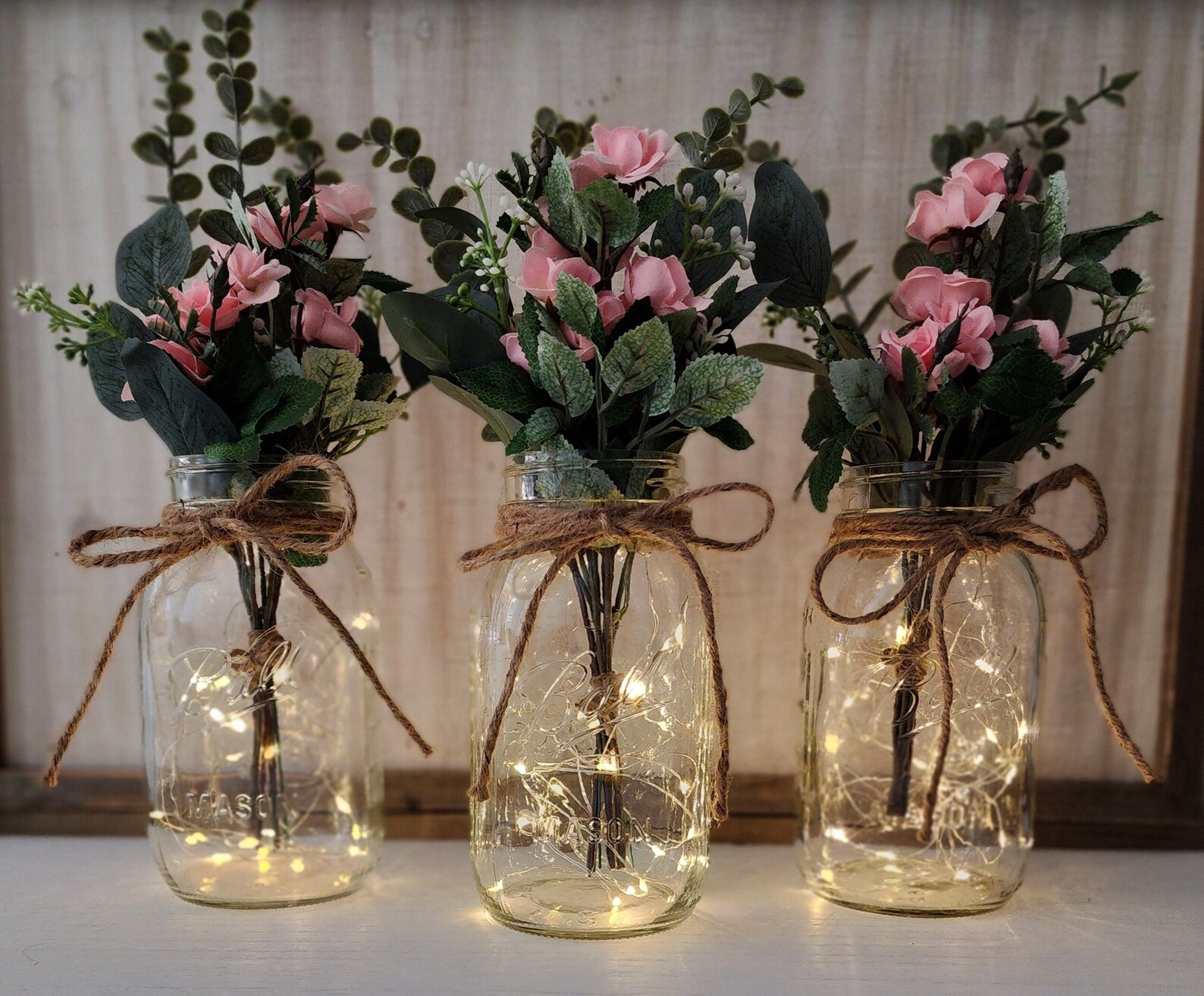 Pink Mini Rose Lighted Mason Jar Centerpiece, Wedding Centerpiece ...