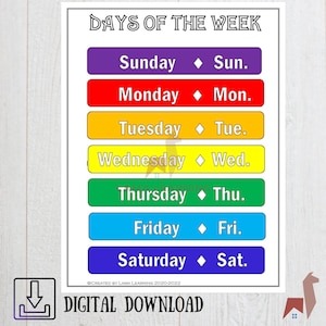 Days of the Week, Learning Days, Wall Poster for Classroom ...