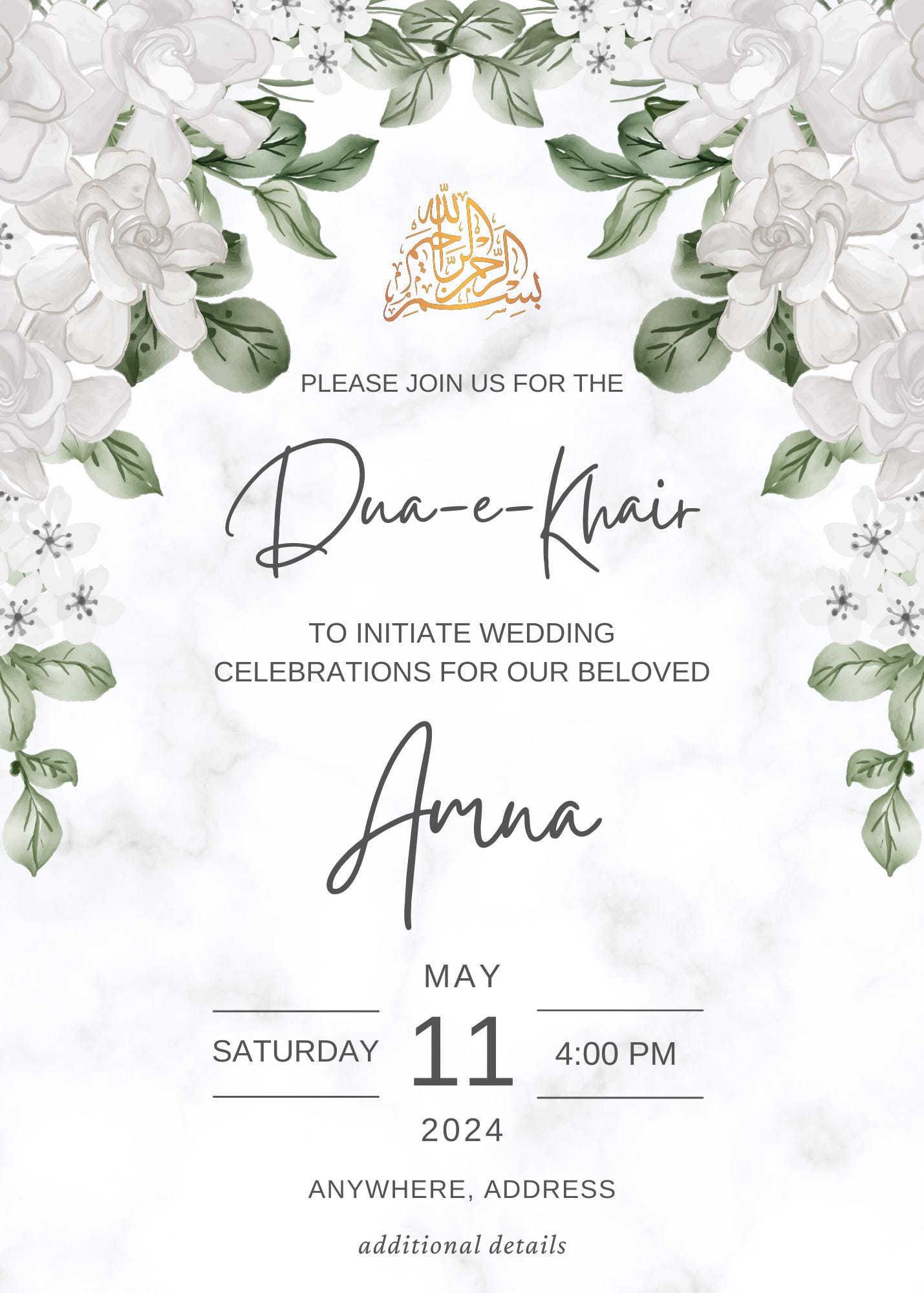 White Floral Bismillah Dua-e-khair, Wedding, Shower, Event Invitation ...