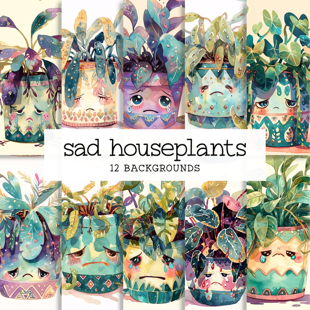 Cute Sad Houseplants Backgrounds, Cartoon Crying Potted Plants ...
