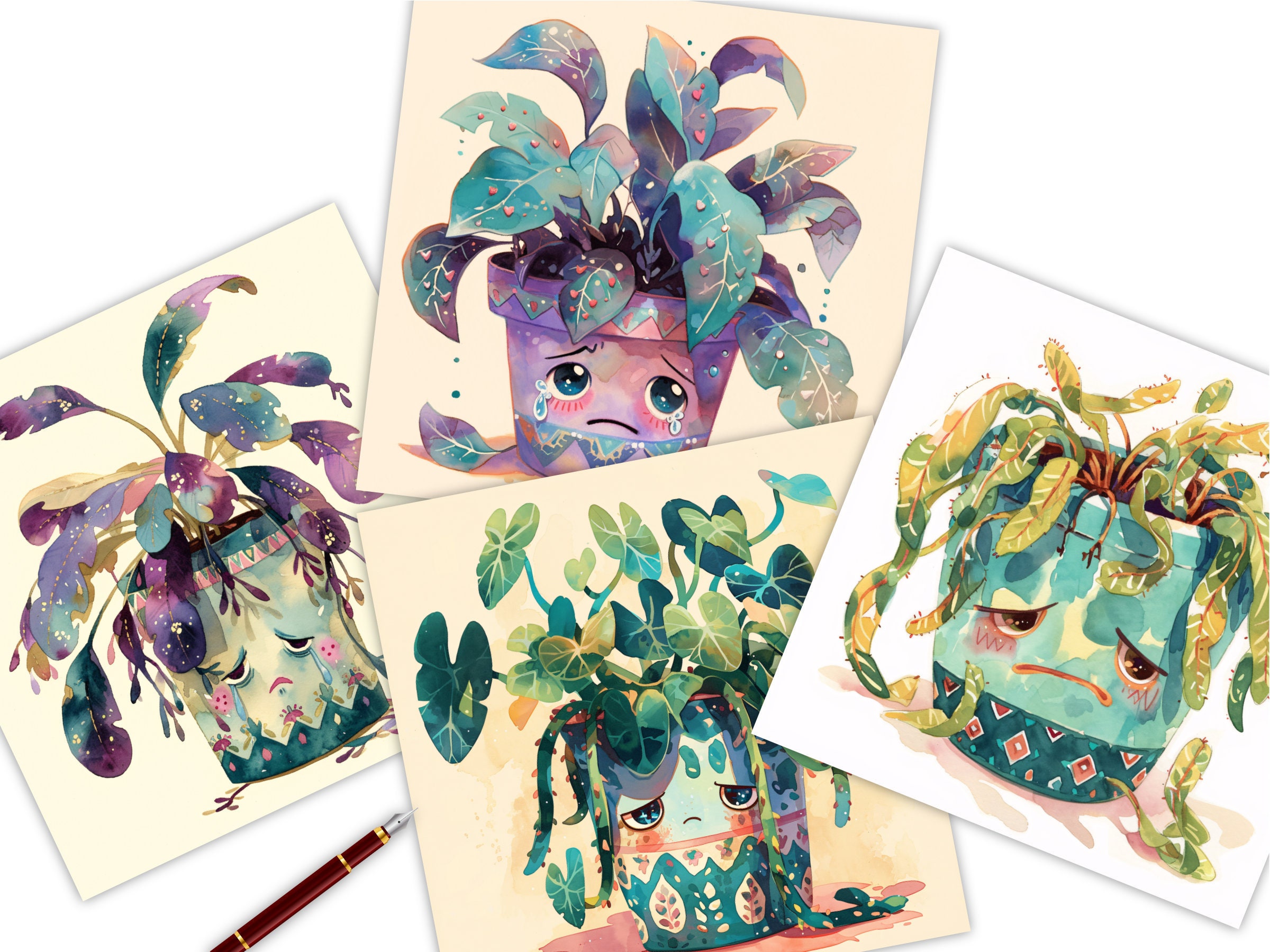 Cute Sad Houseplants Backgrounds, Cartoon Crying Potted Plants ...