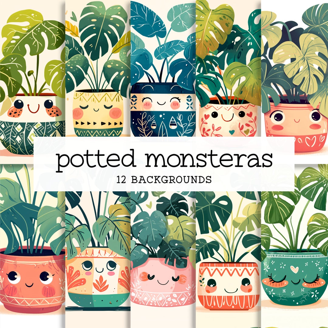 Cute Potted Monstera Backgrounds, Cartoon Tropical Plants Sublimation ...
