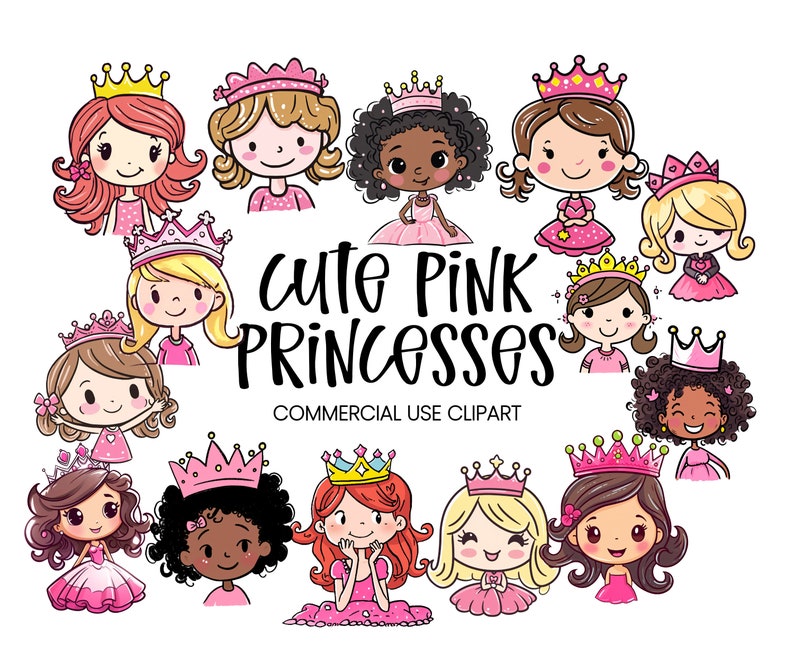 Pink Princesses Clipart PNG Cute Pastel Doodle Art Elements - Etsy