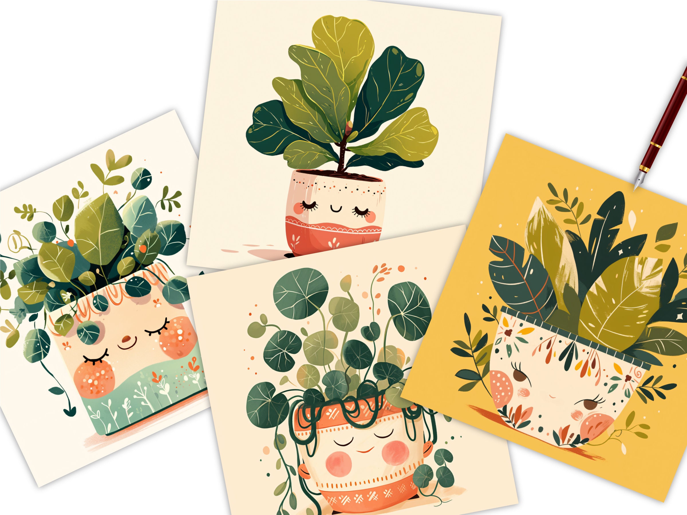 Cute Houseplants Backgrounds, Cartoon Potted Plants Sublimation Art ...