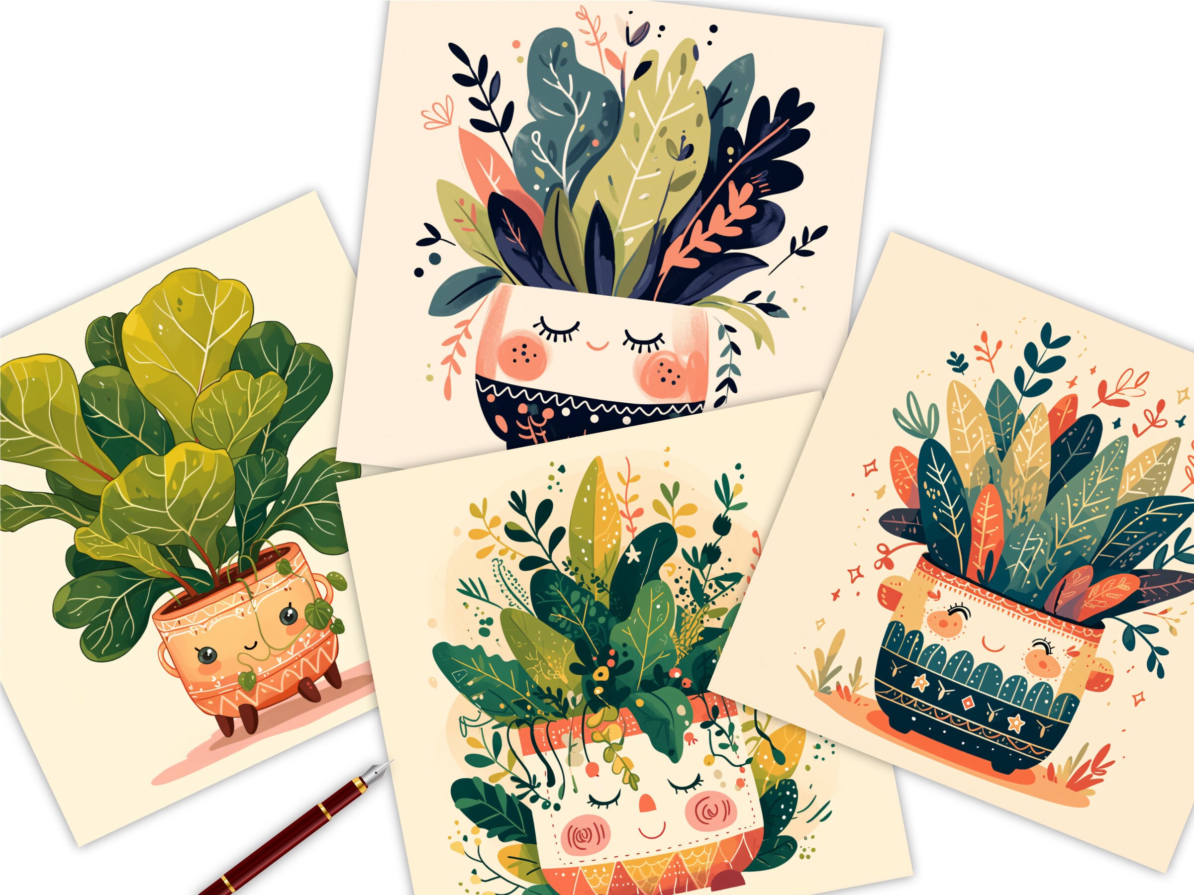 Cute Houseplants Backgrounds, Cartoon Potted Plants Sublimation Art ...