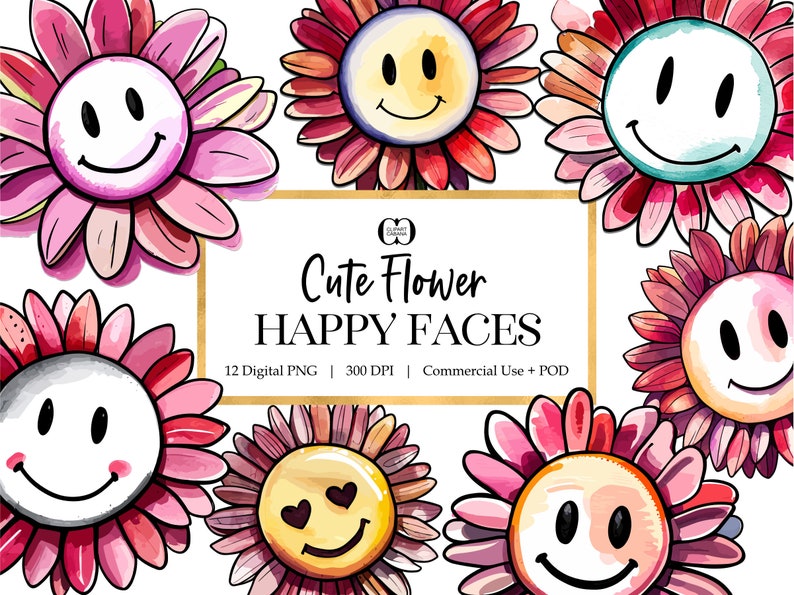 Cute Happy Faces Flowers Clipart Fun Retro Elements Hand - Etsy