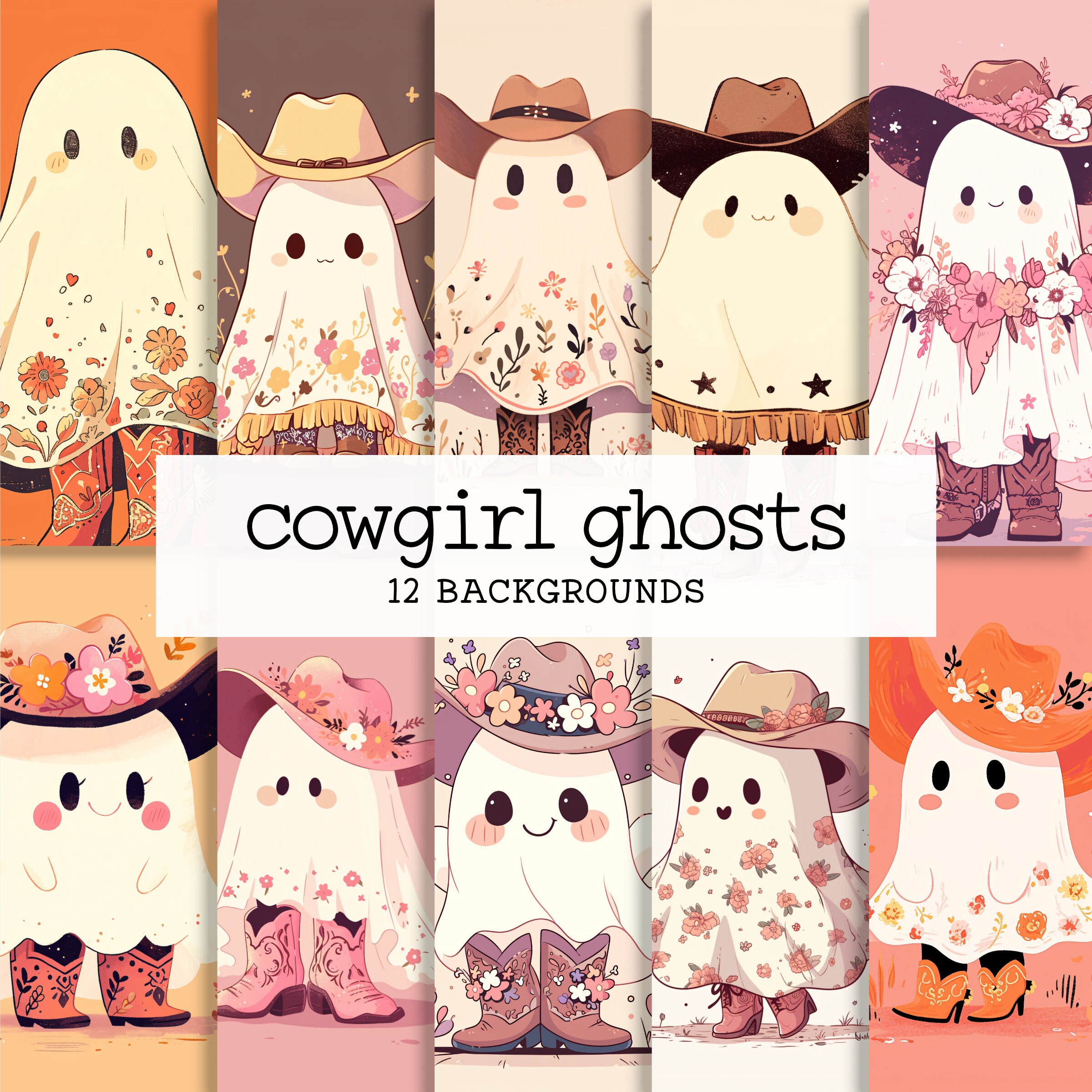 Cute Cowgirl Ghosts Backgrounds, Cartoon Western Sublimation Art ...