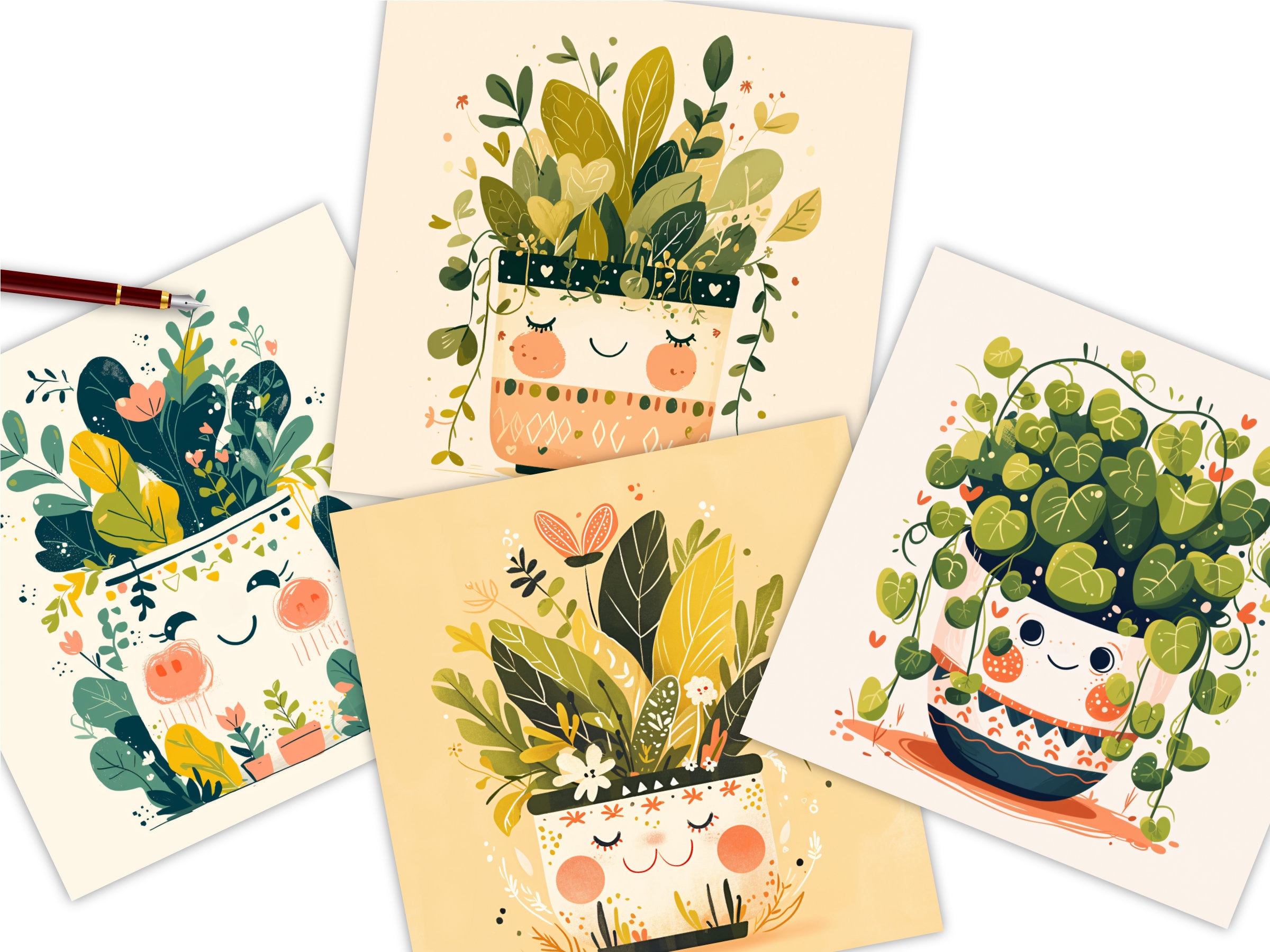 Cute Houseplants Backgrounds, Cartoon Potted Plants Sublimation Art ...