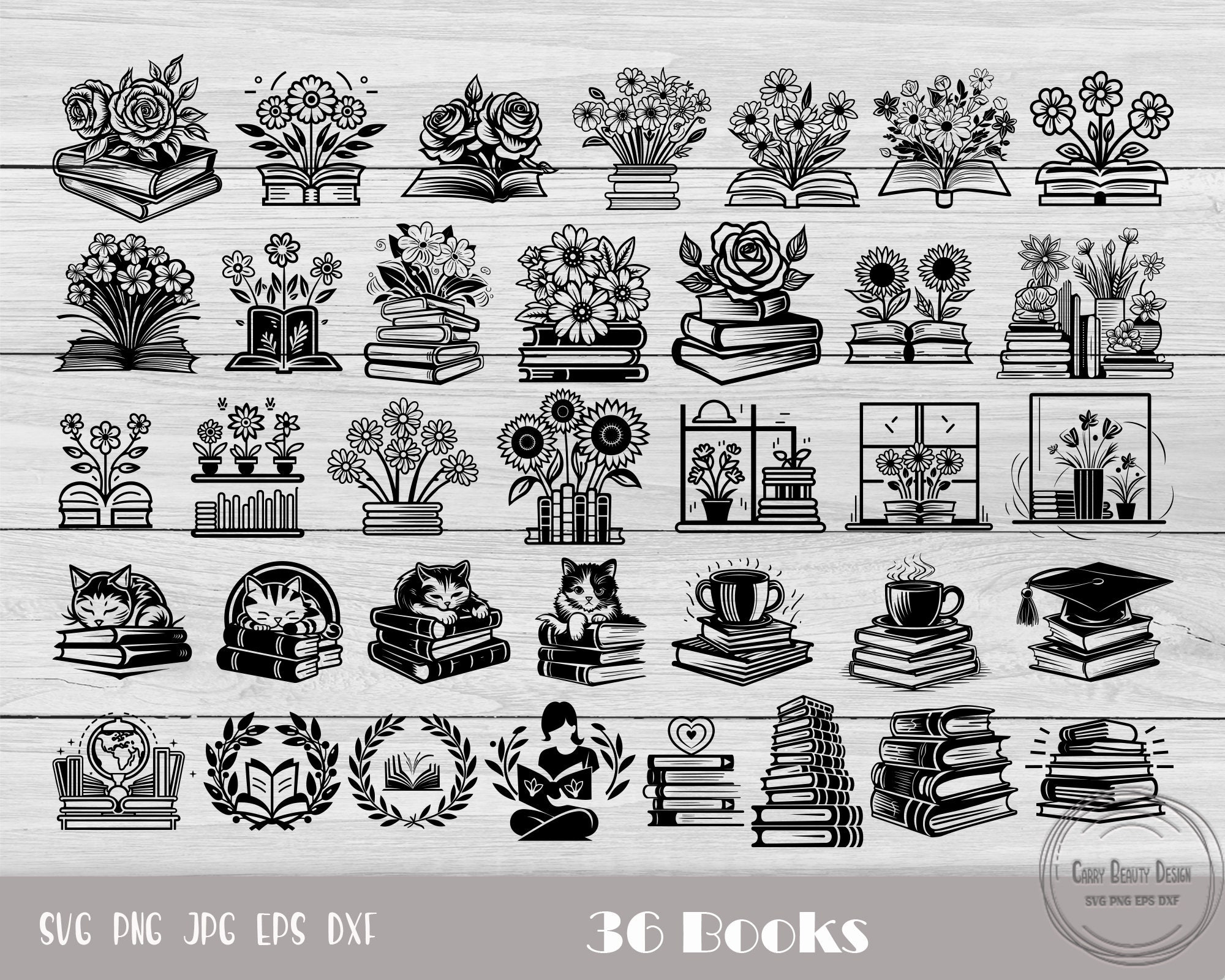 36 Books Svg Stacked of Books Svg Book Lover Svg Floral - Etsy