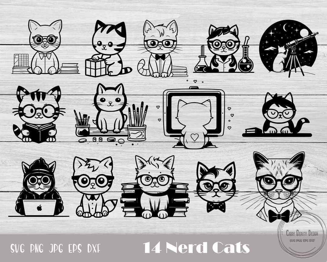 14 Cat Cut File, Nerd Cat Svg, Cat Cutting File, Kawaii Cut Files, Geek ...