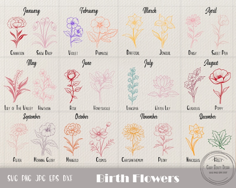 24 Birth Flowers Svg, Birth Month Flower, Birth Flower Tattoo, Birth ...