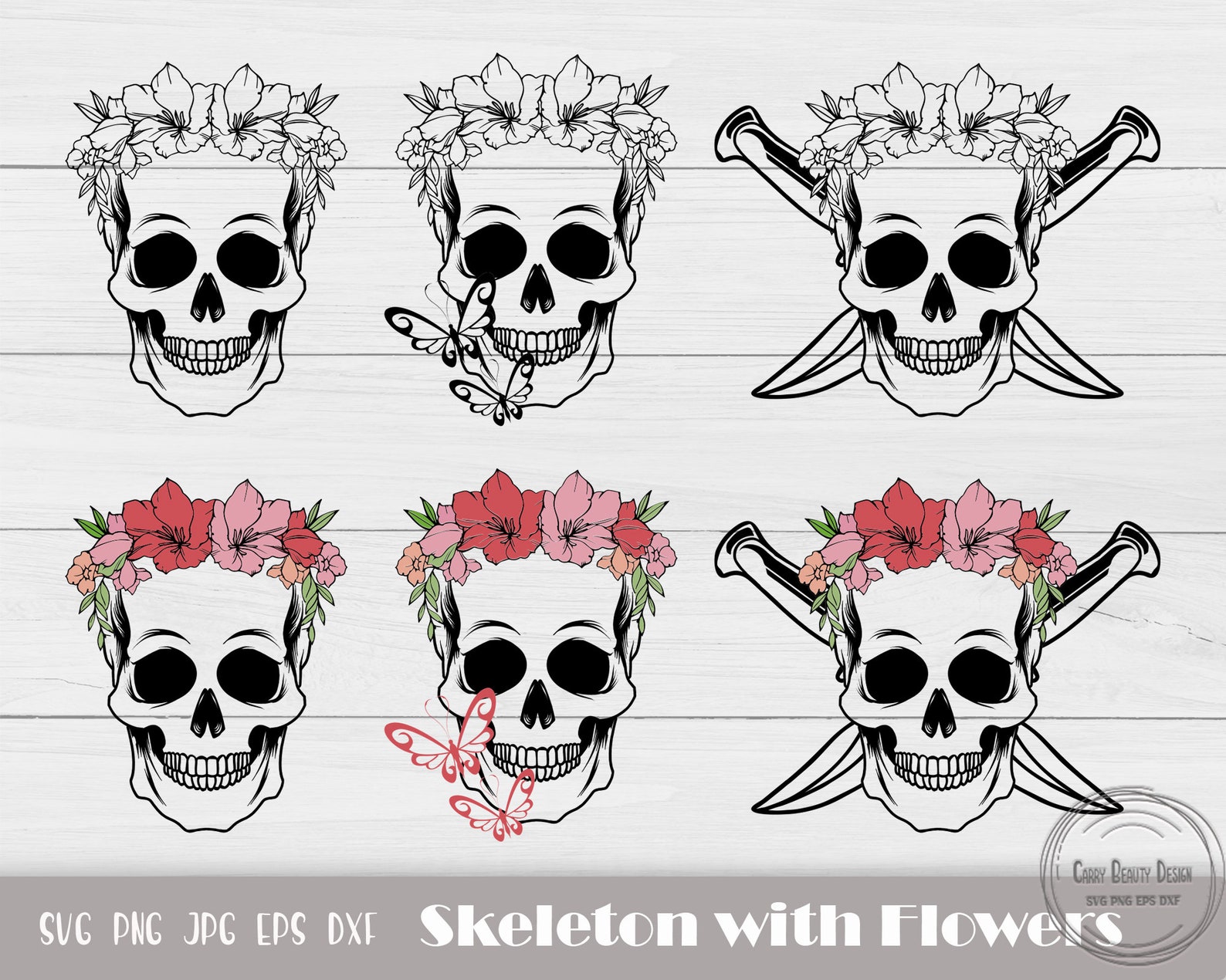 Floral Skull Svg, Skeleton Svg, Flower Skull Svg, Skull Cut Files, Cute ...