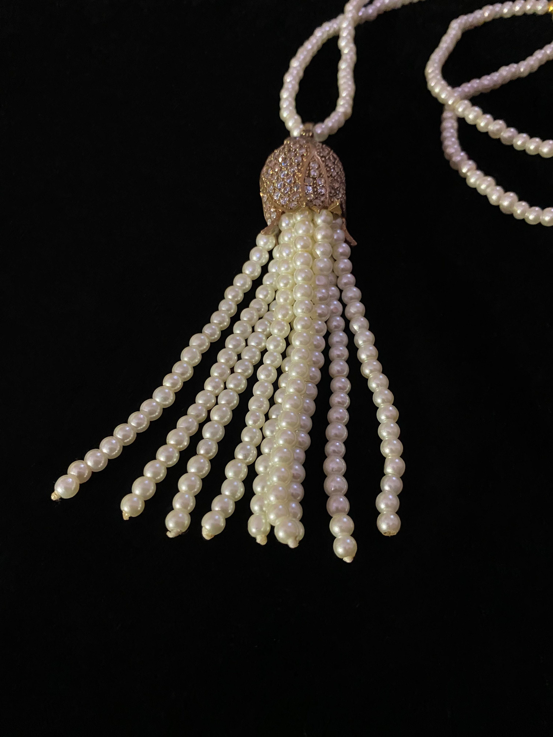 Vintage Long Seed Pearl Necklace, Diamond Freshwater Pearl Tassel ...