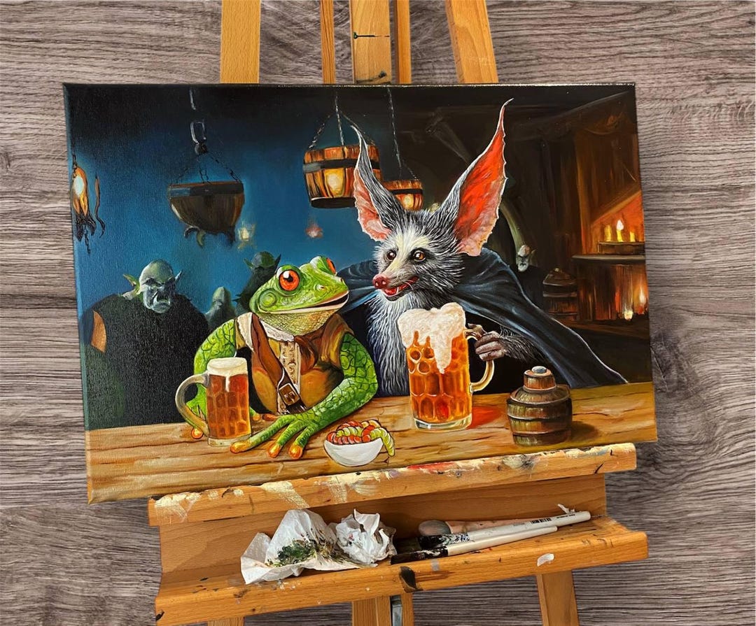 Original Frog and Bat Oil Painting: Contemporary Bar Scene Art - Etsy