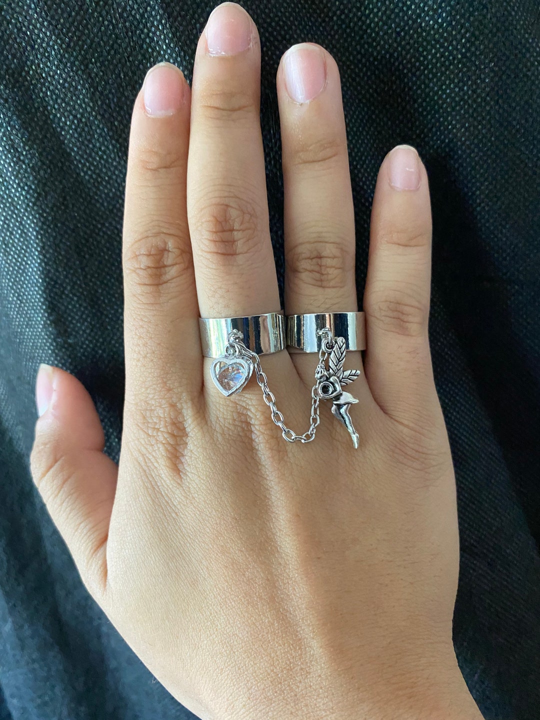 Handmade Chain Connected Rings | Crystal Heart and Fairy Charm Rings ...