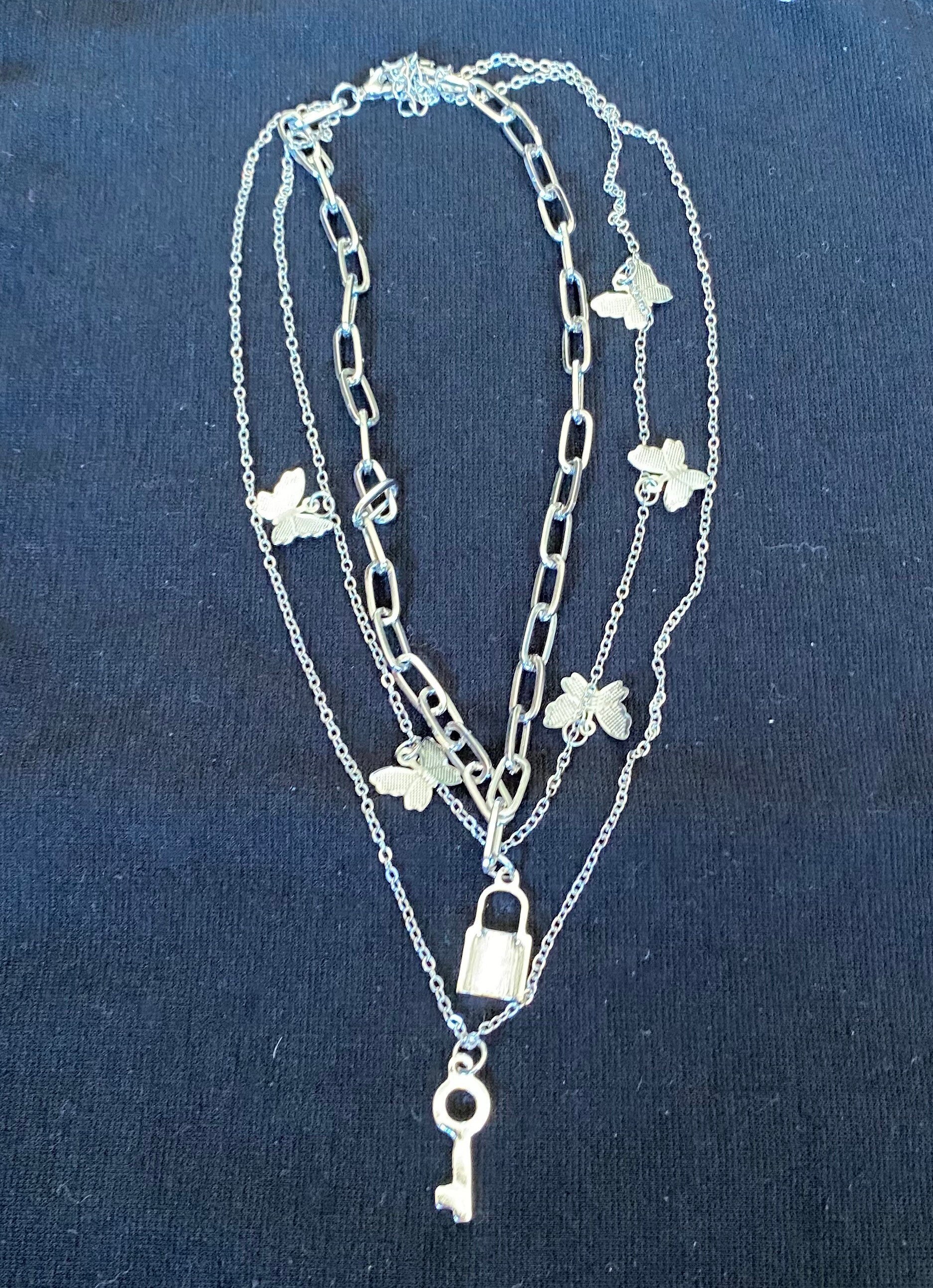 Silver Chain Necklace Lock Charm Necklace Lock and Key | Etsy