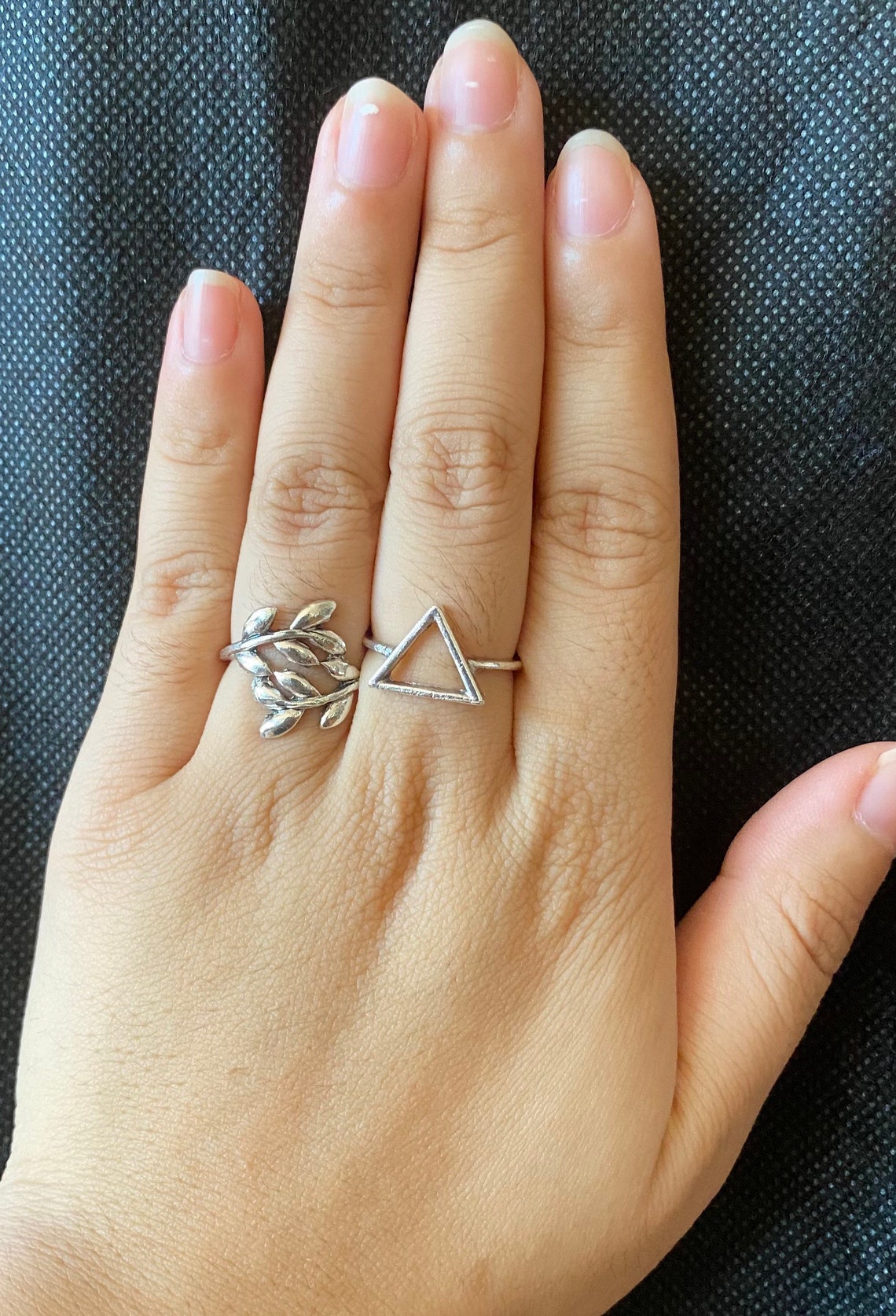 Cute Simple Leaf Ring and Triangle Ring Set | Antique Silver Rings ...