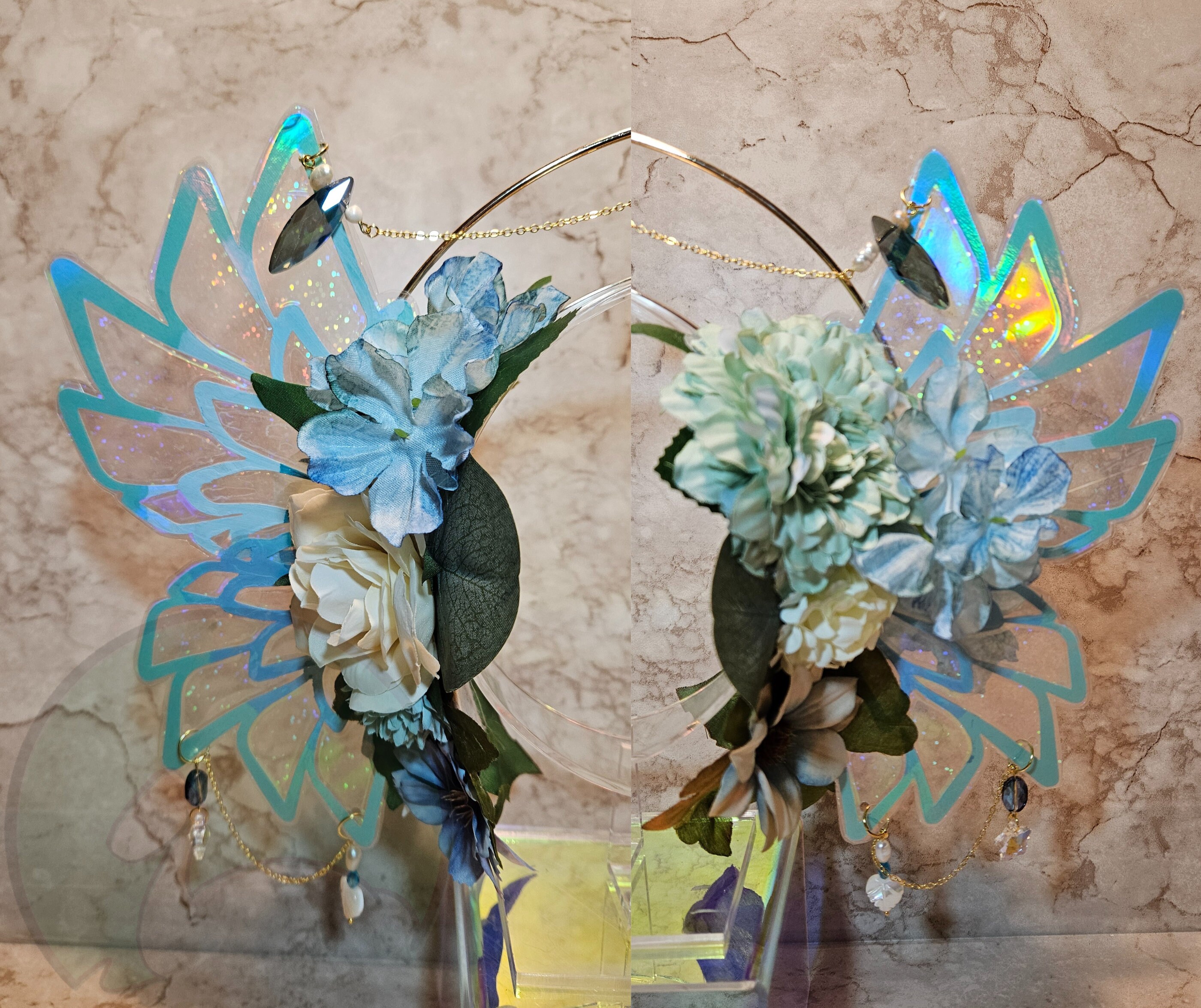 Blue Briar Floral Crown Gold Halo Crown Blue and White - Etsy