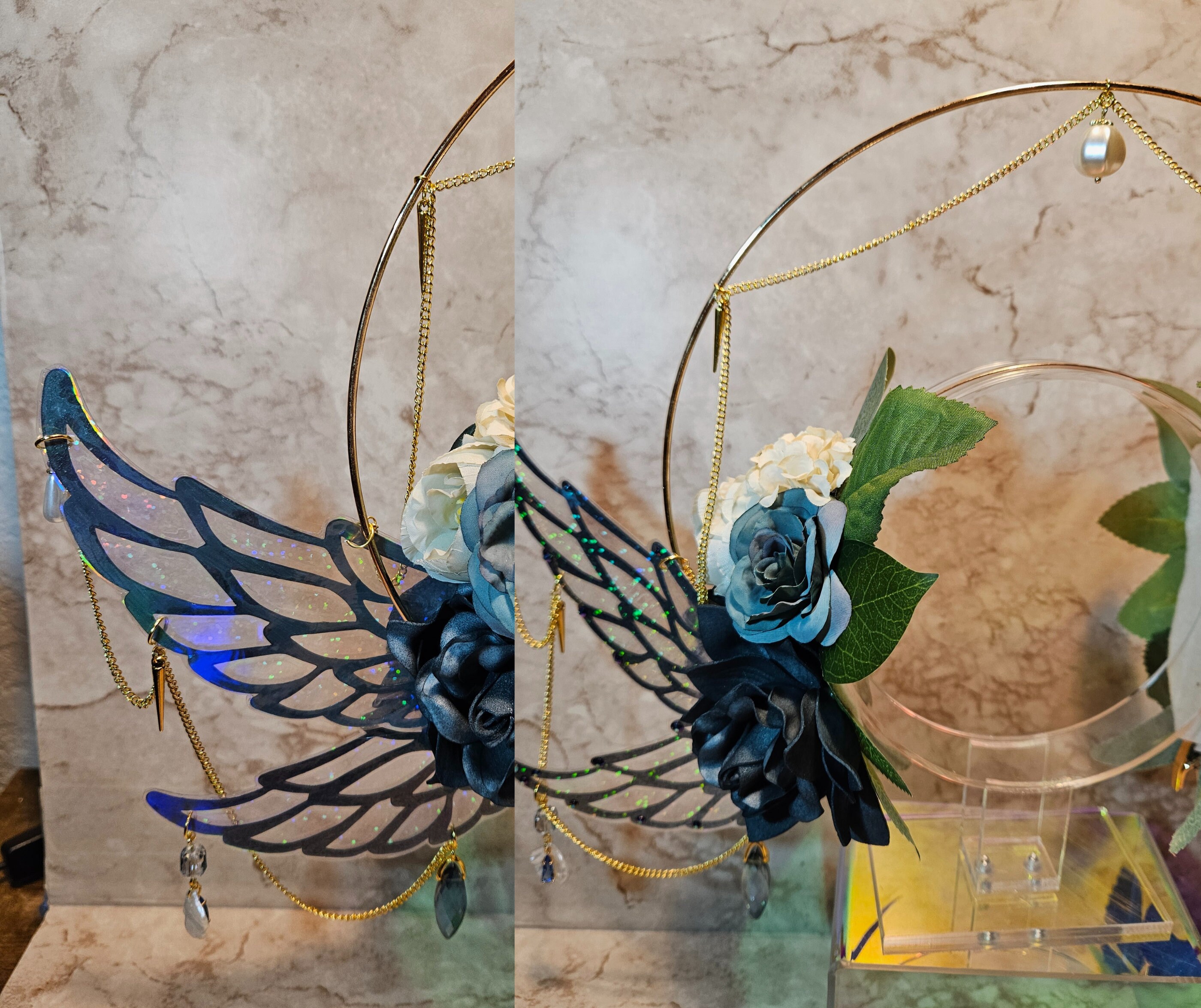 Whimsical Angel Crown Gold Halo Crown Duo Wing Crown Dark Blue Angel ...
