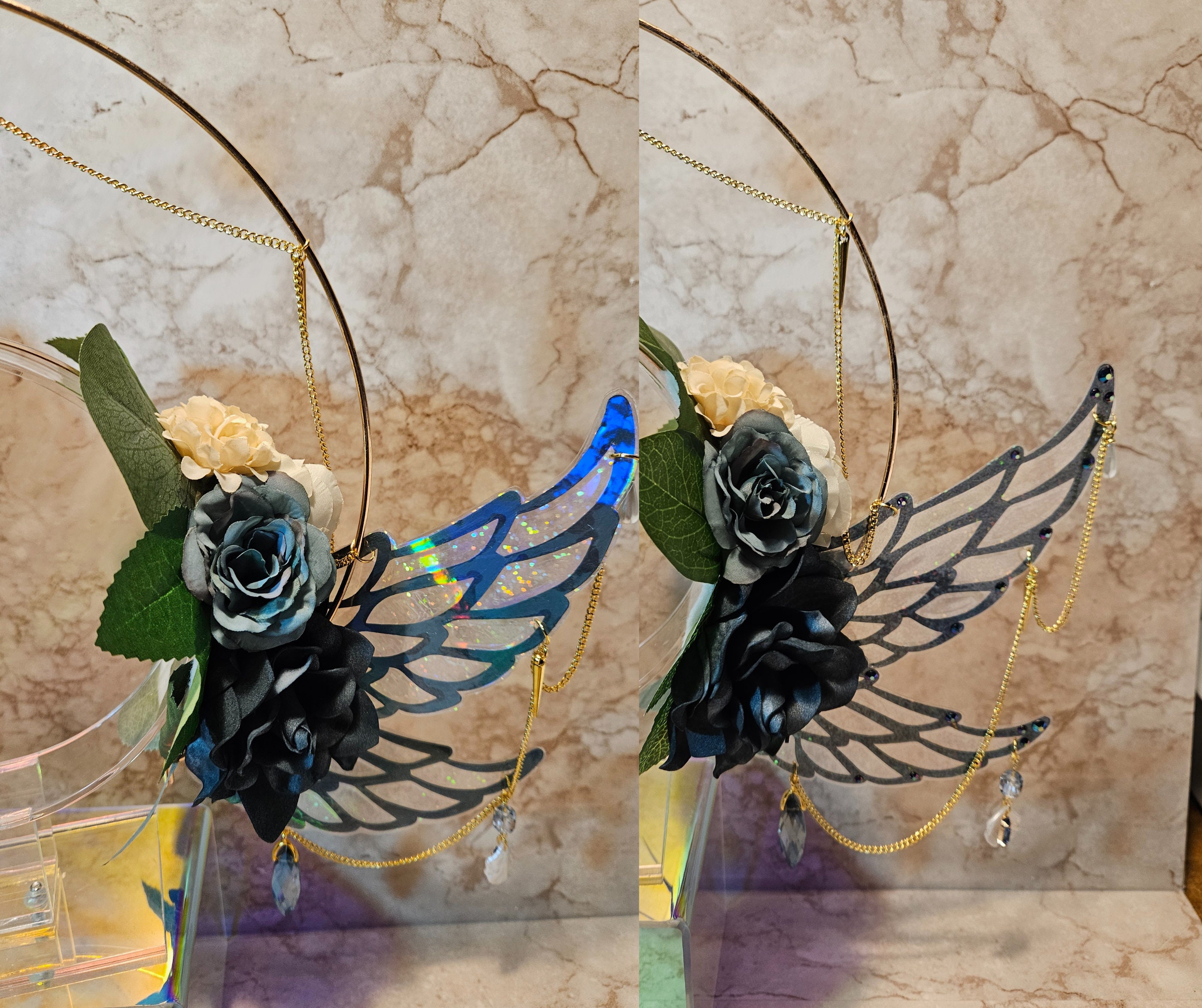 Whimsical Angel Crown Gold Halo Crown Duo Wing Crown Dark Blue Angel ...