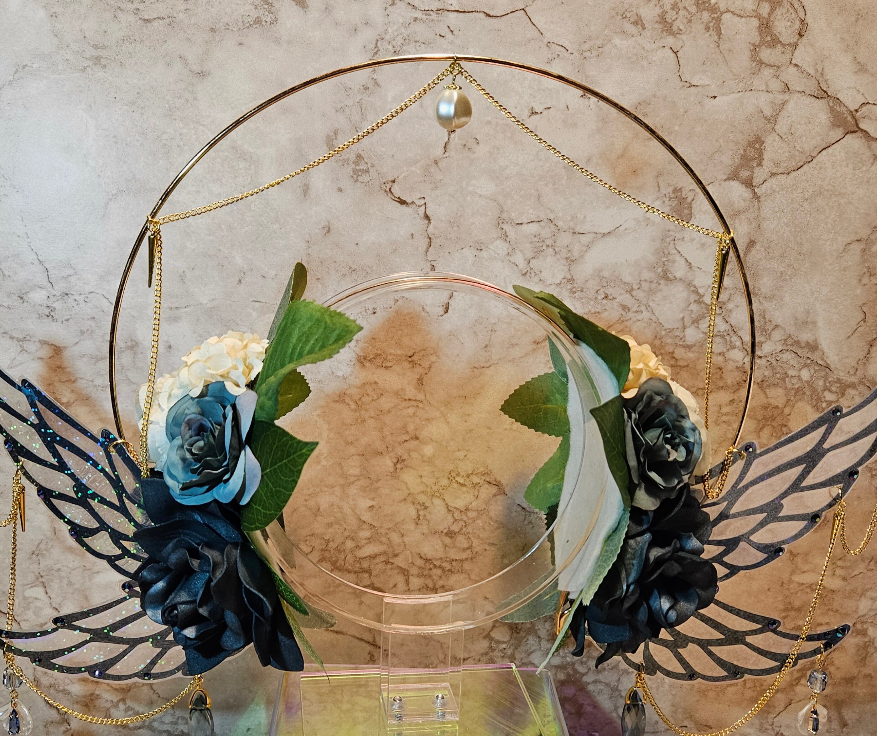 Whimsical Angel Crown Gold Halo Crown Duo Wing Crown Dark Blue Angel ...