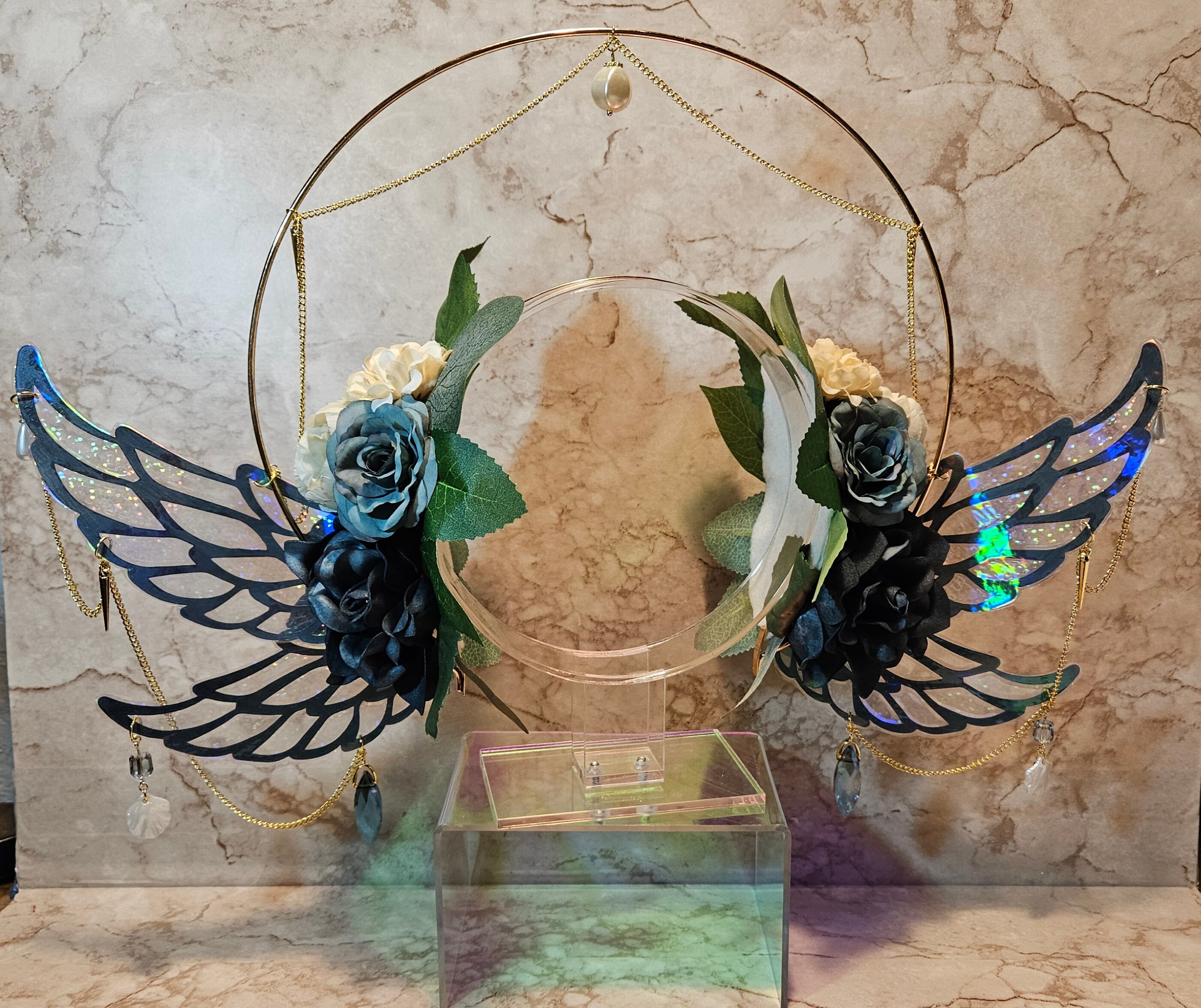 Whimsical Angel Crown Gold Halo Crown Duo Wing Crown Dark Blue Angel ...