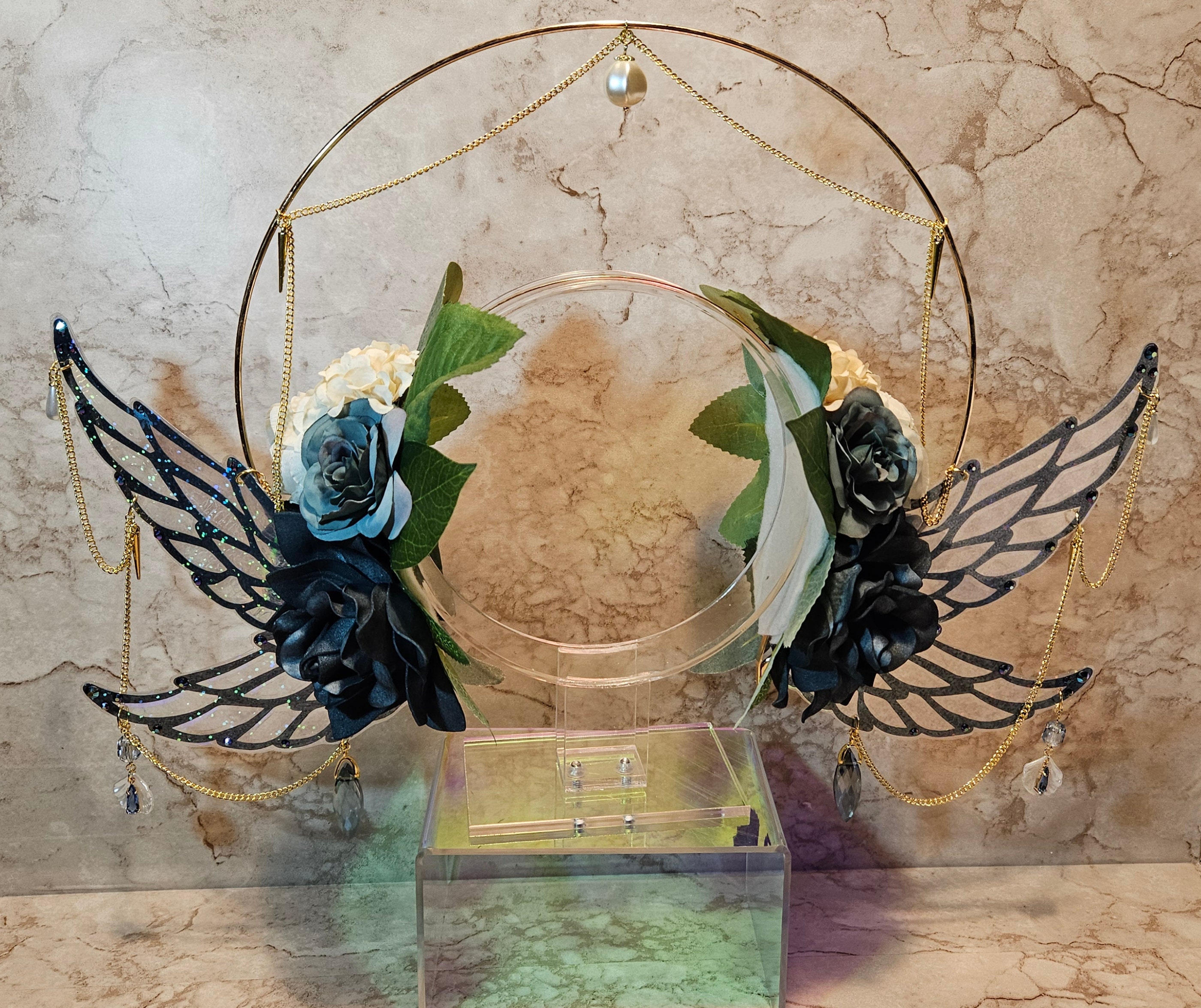 Whimsical Angel Crown | Gold Halo Crown | Duo Wing Crown | Dark Blue ...