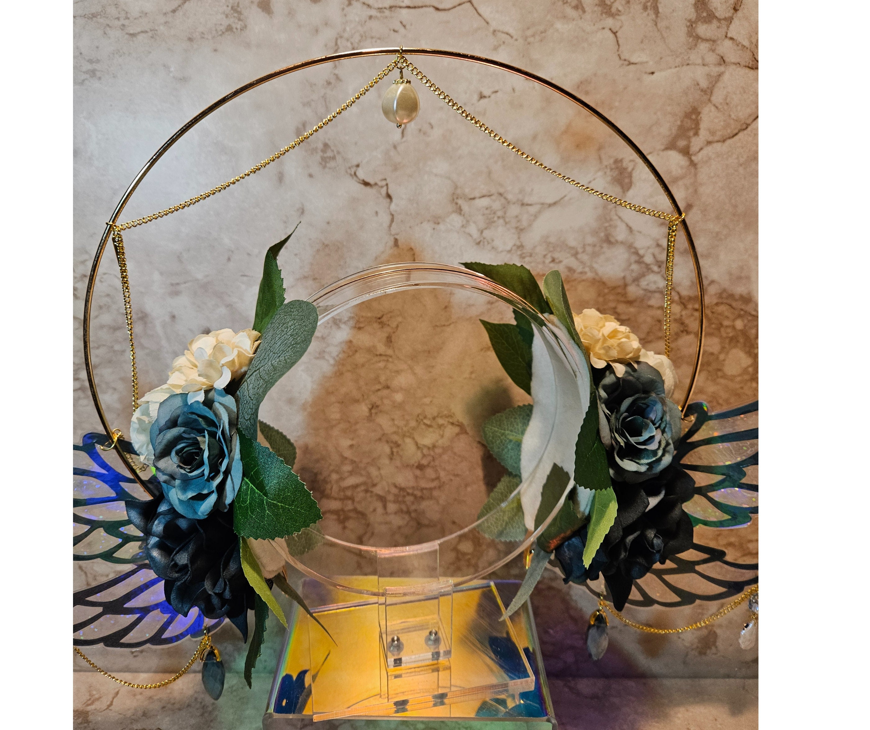 Whimsical Angel Crown | Gold Halo Crown | Duo Wing Crown | Dark Blue ...