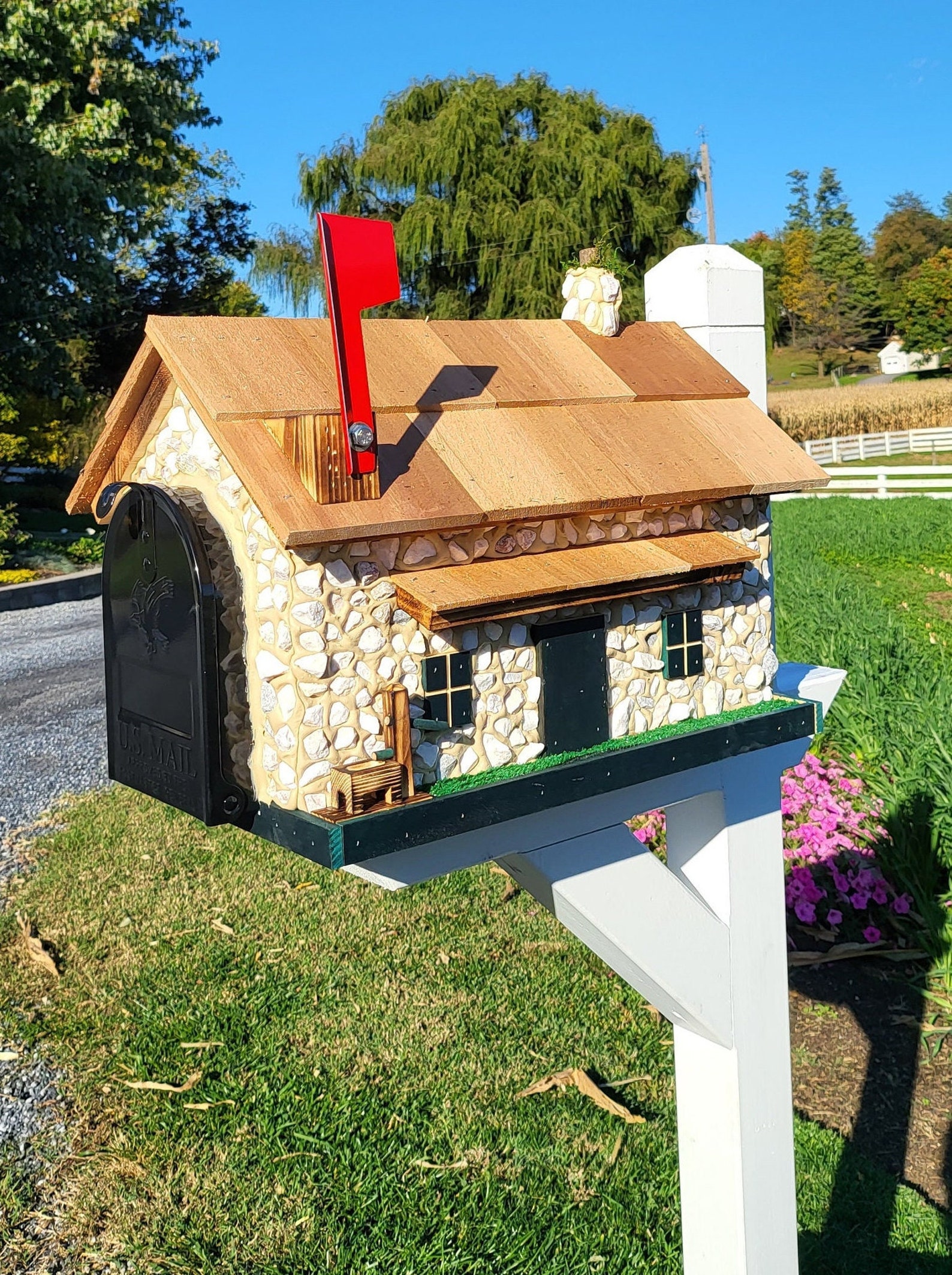 White Stone House Mailbox, Amish Made Wooden With Cedar Shake Roof and ...