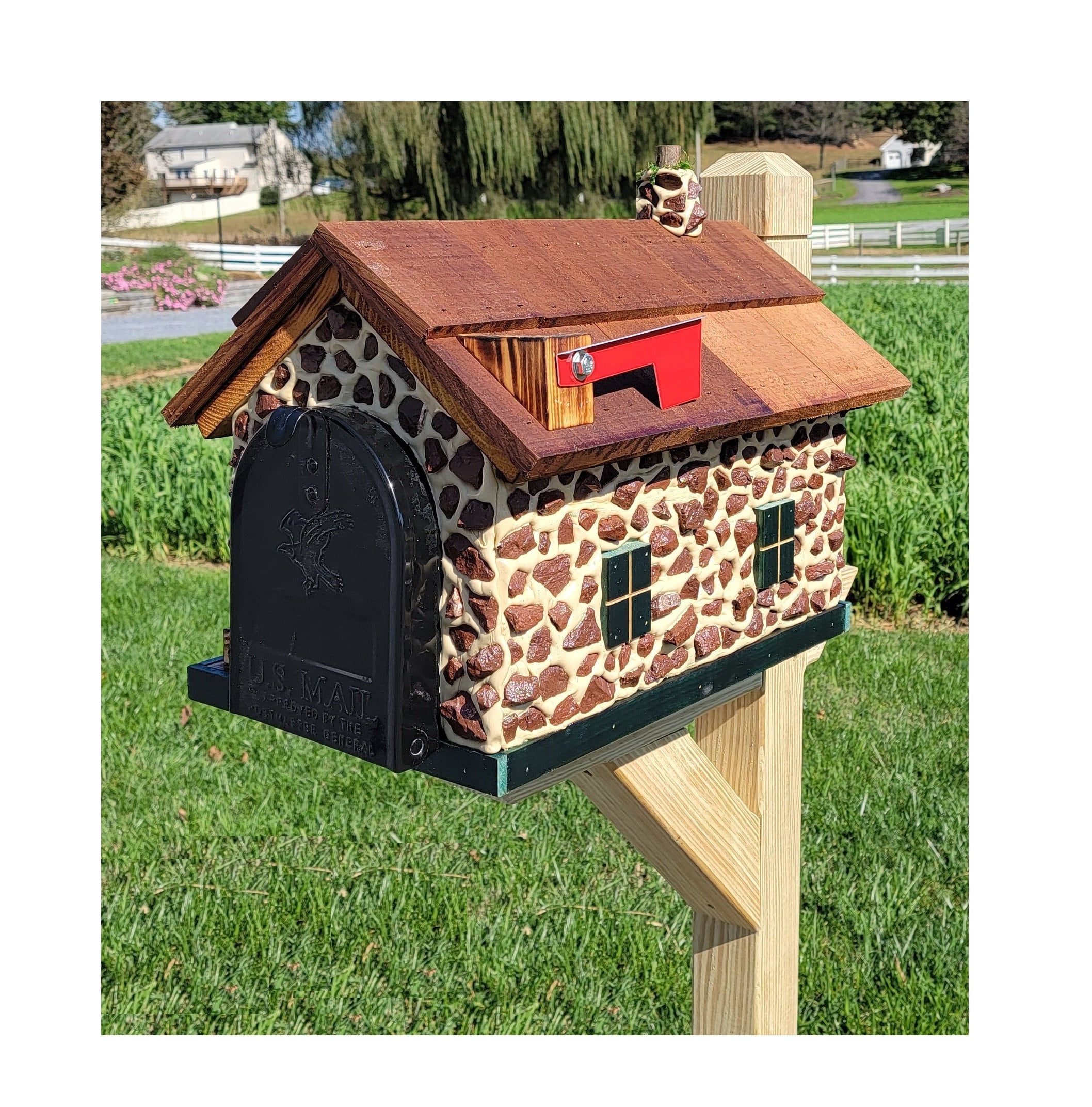 Red Stone House Mailbox Amish Made Wooden With Cedar Shake - Etsy