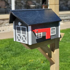 Barn Mailbox Gray Box, White Trim, Black Roof, Amish Made Mailbox Poly ...