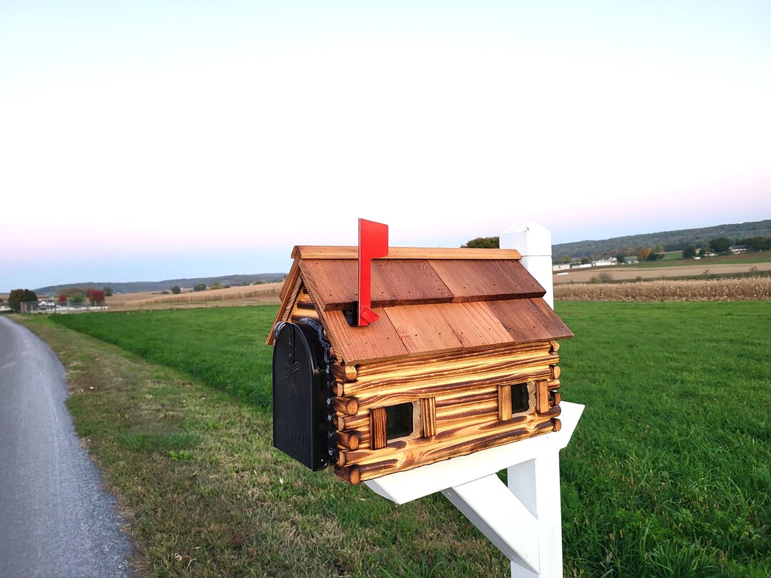 Log Cabin Amish Mailbox Handmade Wooden With Cedar Shake Roof and Metal ...