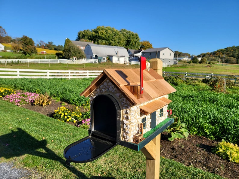 White Stone House Mailbox, Amish Made Wooden With Cedar Shake Roof and ...