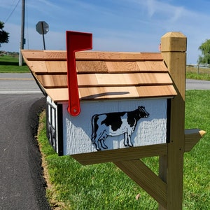 Cow Design Amish Mailbox, Handmade Barn Style Wooden Mailbox With Tall ...