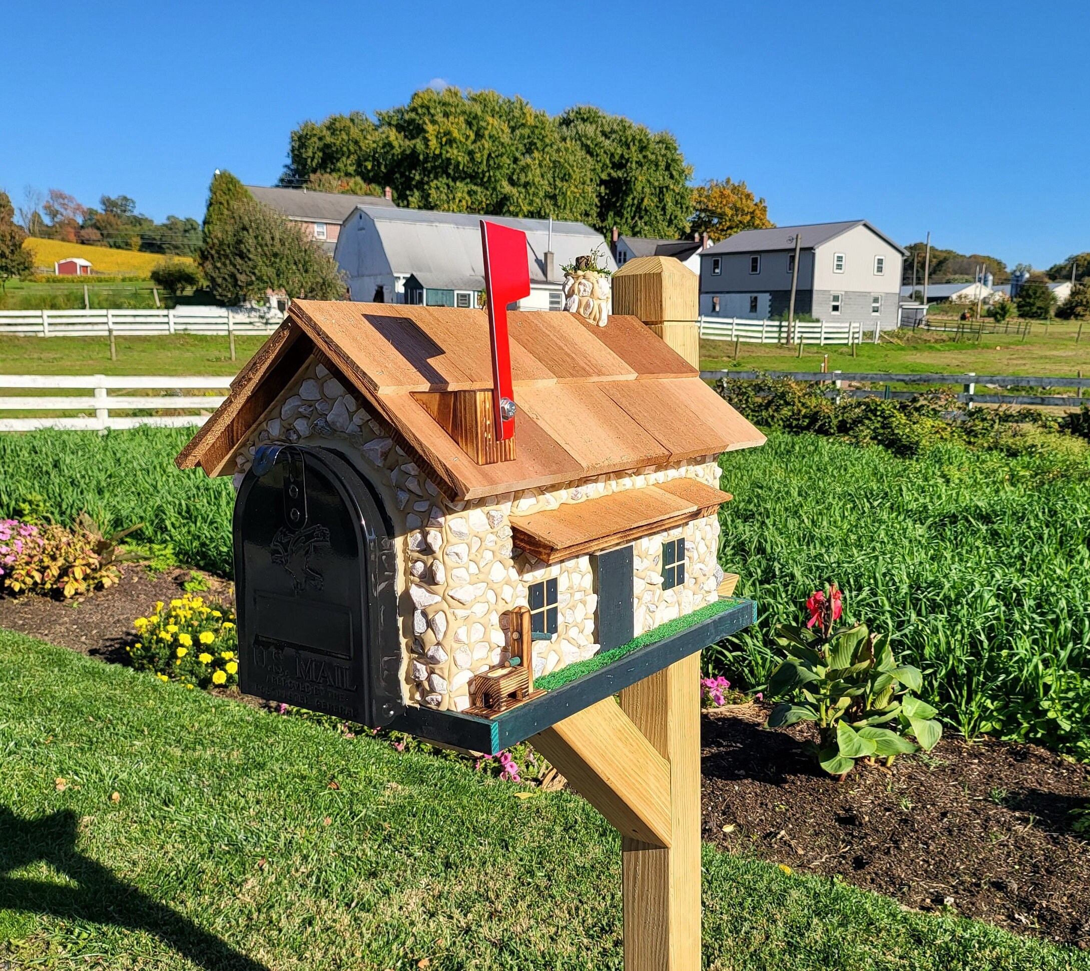 White Stone House Mailbox, Amish Made Wooden With Cedar Shake Roof and ...