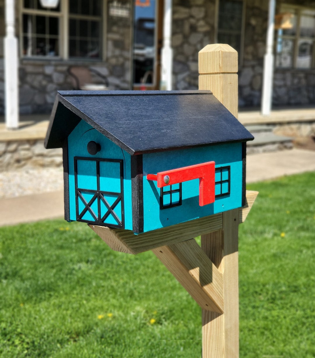 Country Barn Mailbox Teal Box, Black Box and Trim, Amish Handmade ...