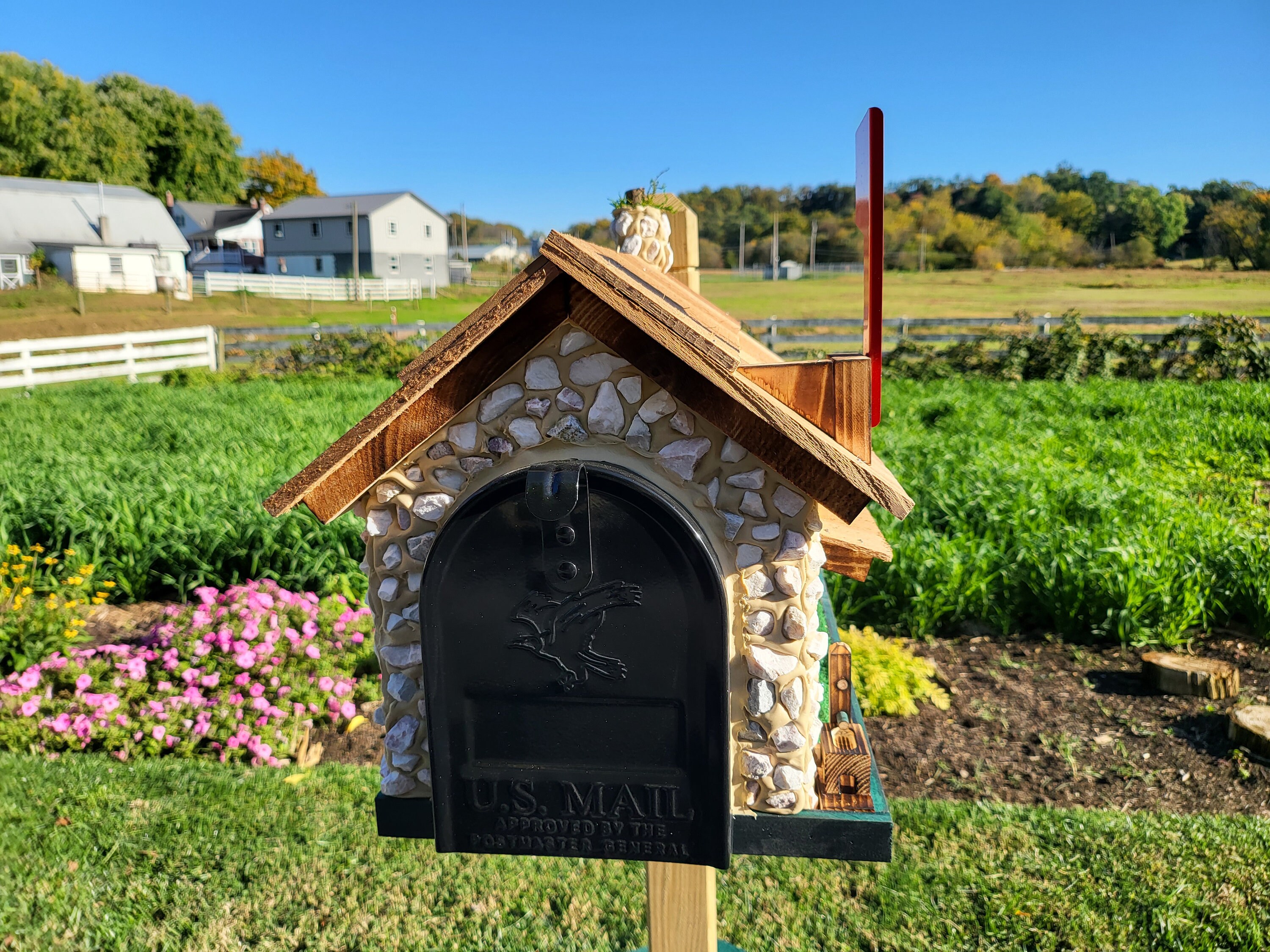 White Stone House Mailbox, Amish Made Wooden With Cedar Shake Roof and ...