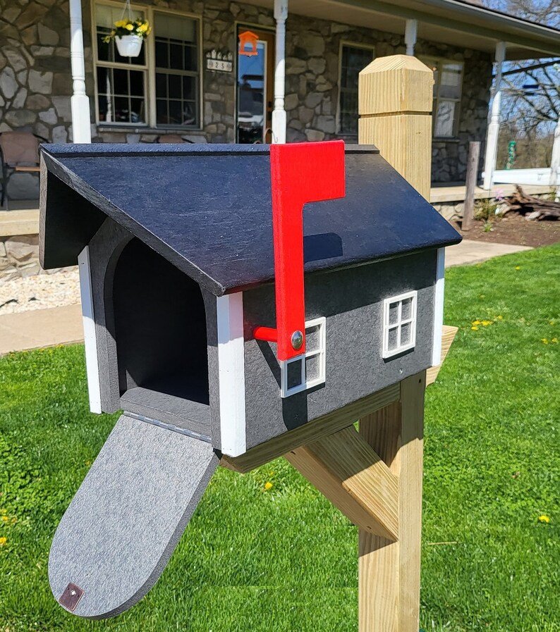Barn Mailbox Gray Box White Trim Black Roof Amish Made - Etsy