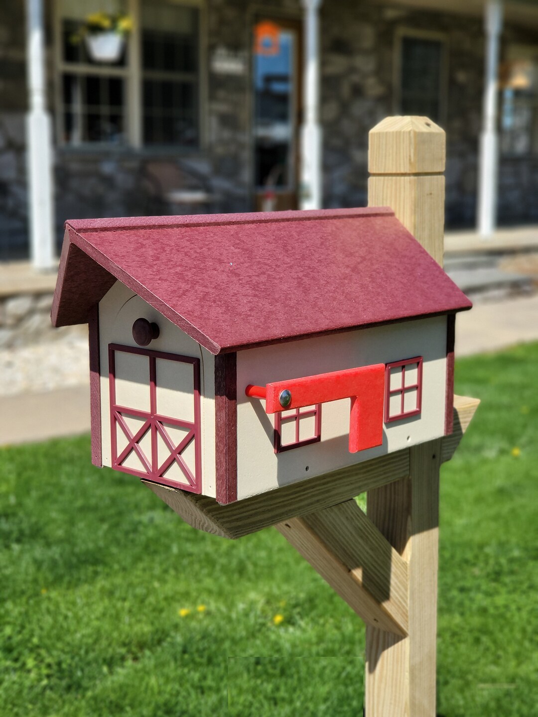 Farmhouse Mailbox - Cherry Roof and Trim, Ivory Box - Amish Barn ...