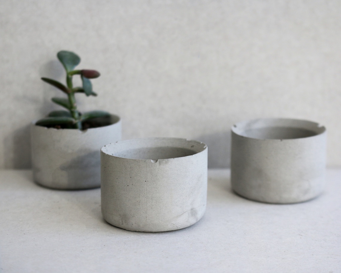 Set of 3 small concrete planters Small round minimalistic | Etsy