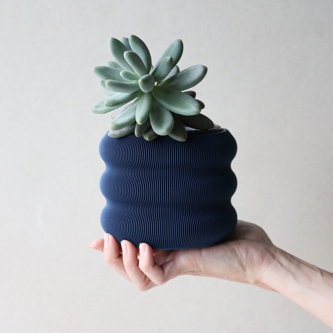 Elegant Blue 3D Printed Decorative Planter With Line Pattern | Modern ...