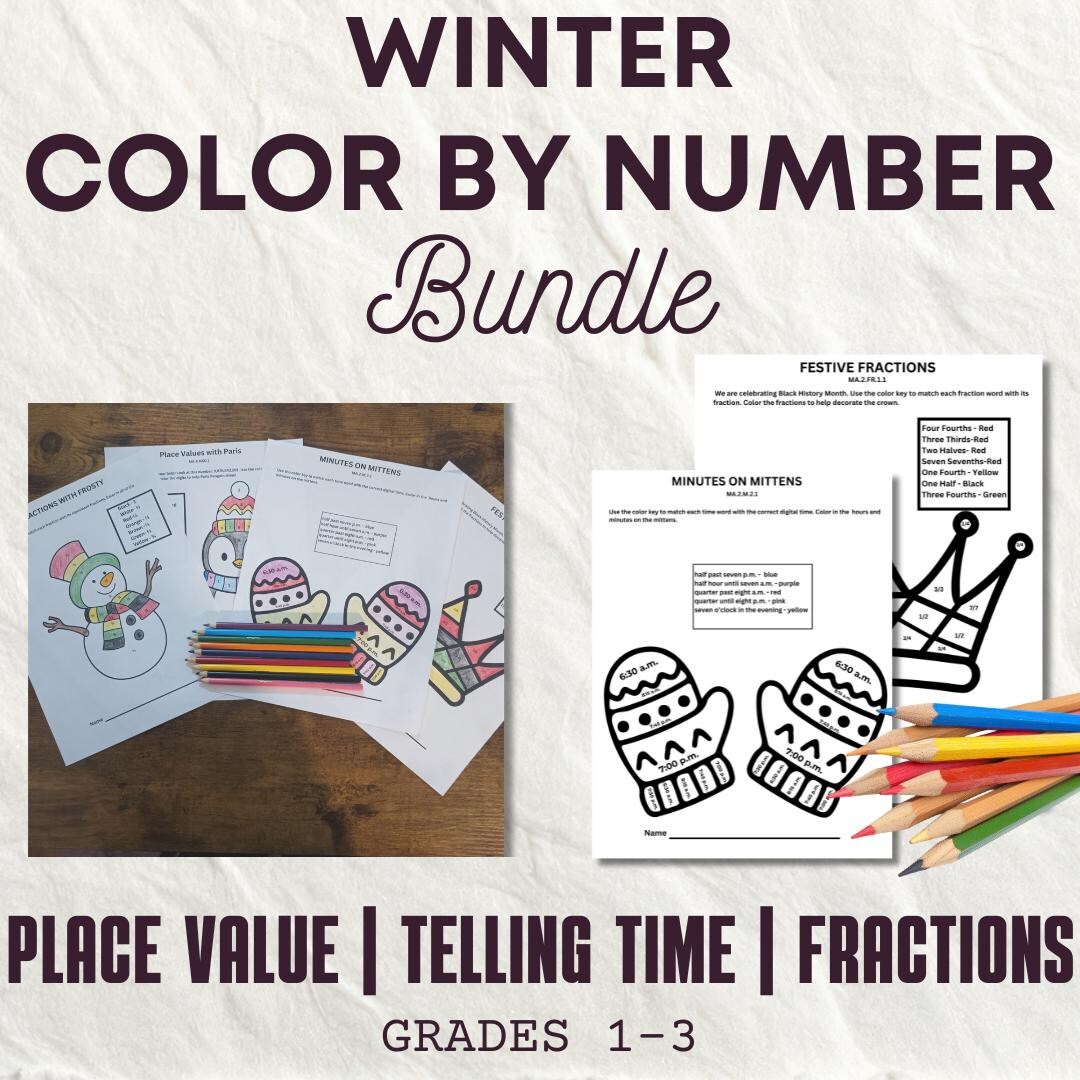 Math Color by Number Bundle | Telling Time, Fractions & Place Value ...