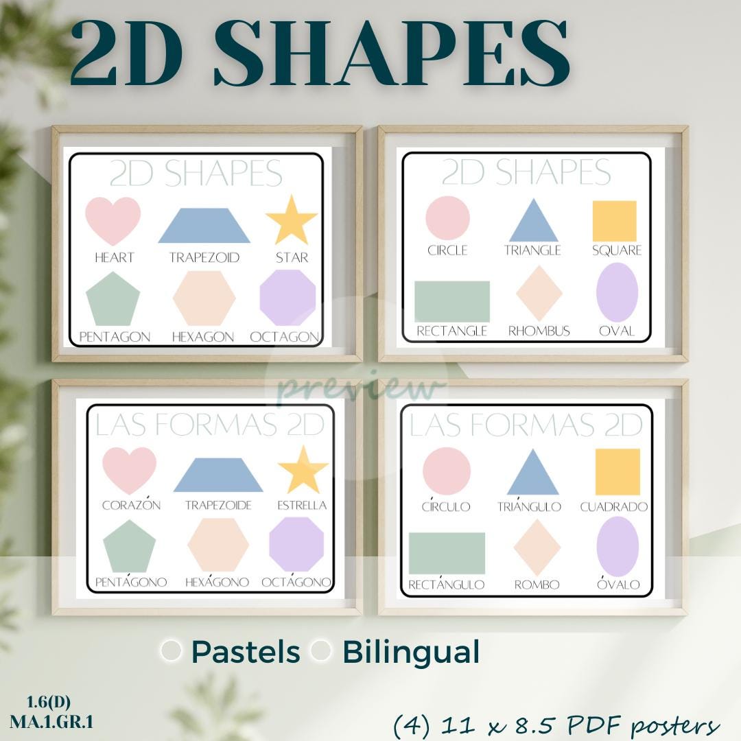 2D Shapes Poster | Bilingual 2 D Shape Posters | 1st Grade Math - Etsy